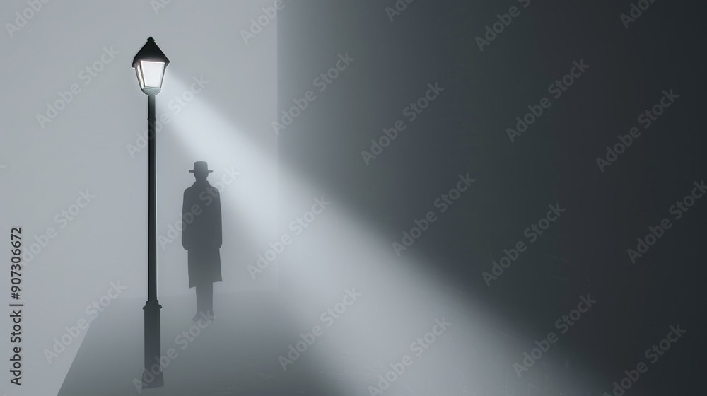Enigmatic shadow stands under a lone streetlamp in a fog-filled alley ...