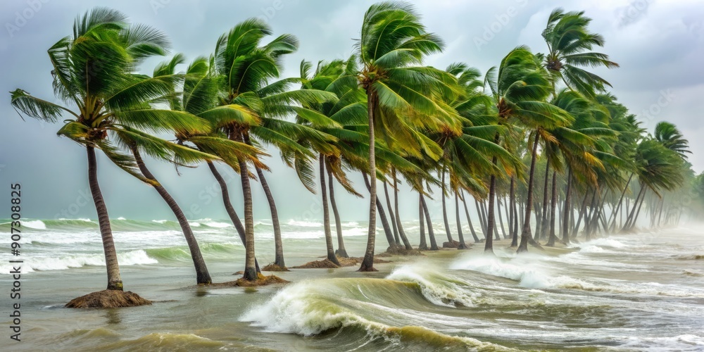 Tropical palm trees bend and sway in powerful gusts on a flooded island ...