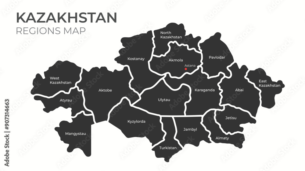 Kazakhstan vector map with administrative regions including names and ...