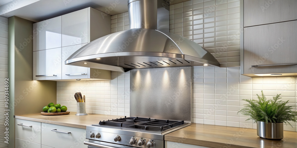 Stainless steel kitchen exhaust fan with sleek design and curved shape ...