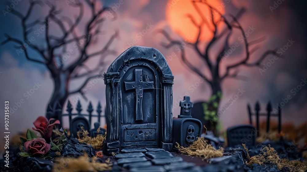 Tombstone shaped Halloween cake, realistic, side view, detailed, blank ...