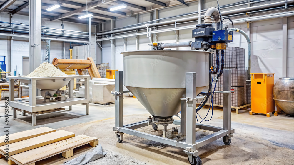 Automated industrial mixer with hopper filled with dry plaster ...