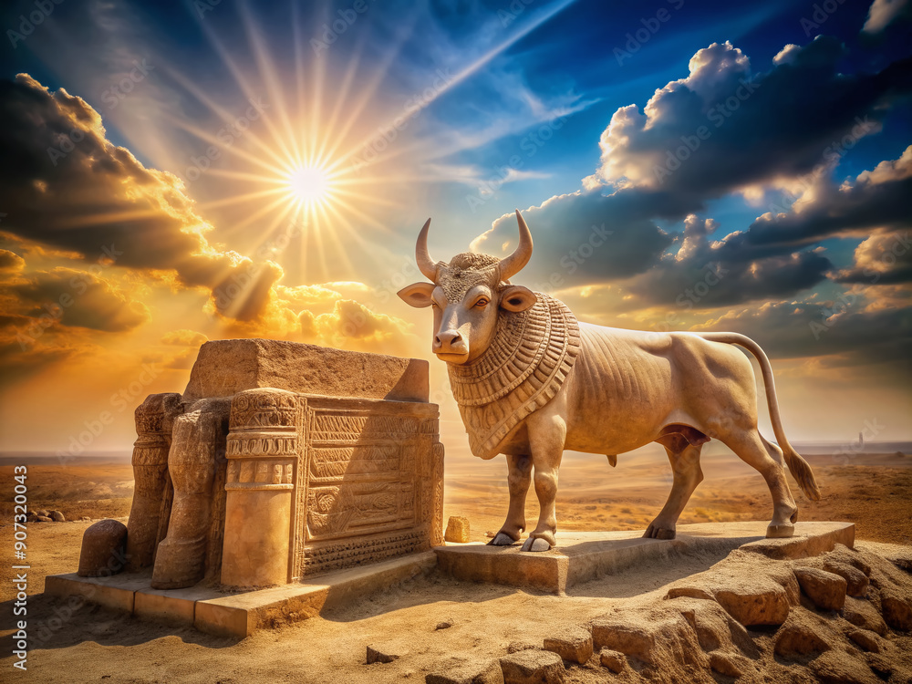 Ancient Mesopotamian mythical scene depicts bull of heaven dominant on ...