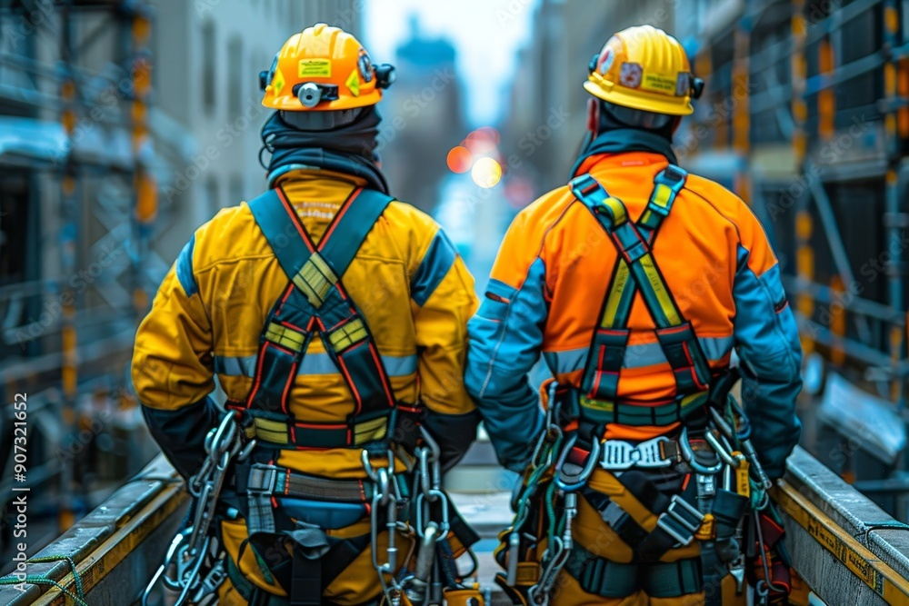 Workers in safety harnesses secured with safety belts high above ground ...