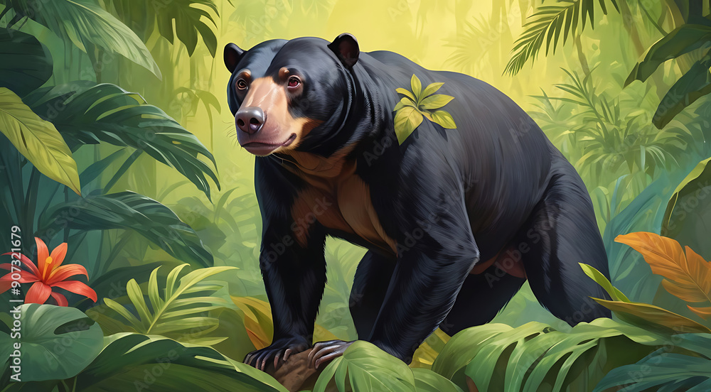 Stylized art of a Malayan sun bear exploring the undergrowth of a ...