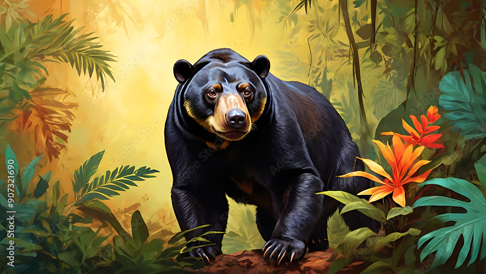 Stylized art of a Malayan sun bear exploring the undergrowth of a ...