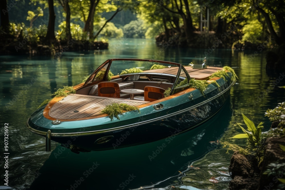 Luxury speed boat top view with wooden deck, steering wheel, passenger ...