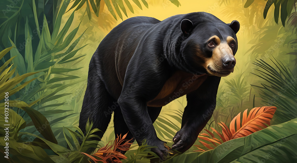 Stylized art of a Malayan sun bear exploring the undergrowth of a ...