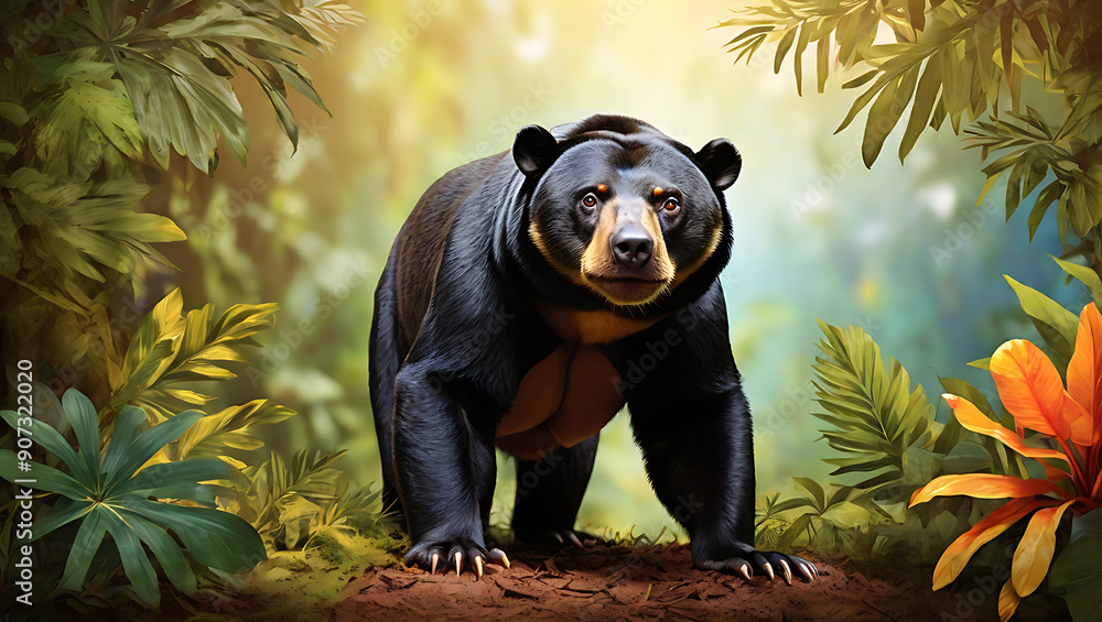 Stylized art of a Malayan sun bear exploring the undergrowth of a ...