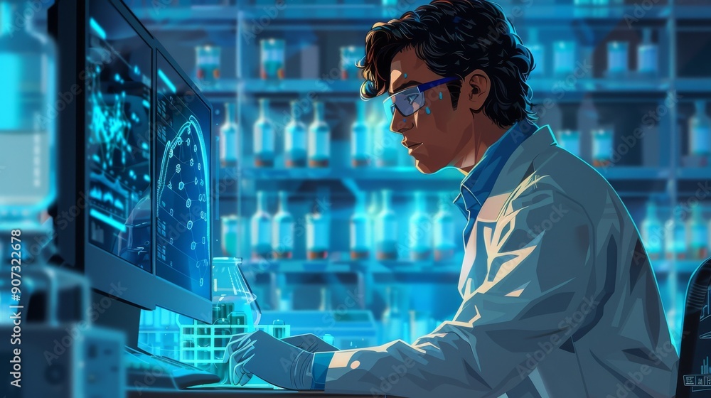 Cartoon vector Scientist analyzing genetic data on a computer screen in ...