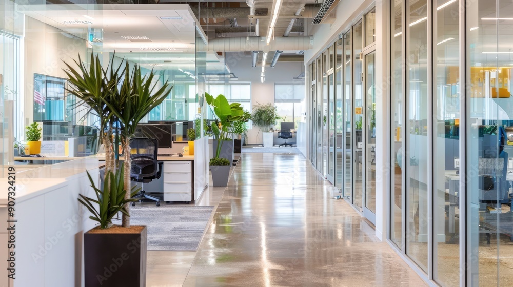 Spacious, modern control room with large windows, multiple monitors ...