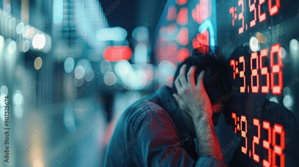 Stock market down. A stressed stock trader holds his head in ...