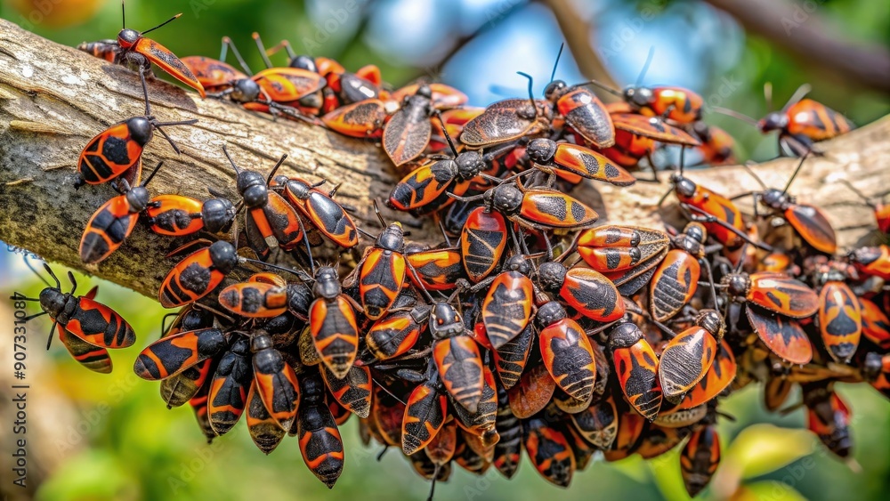 Swarm of Box Elder Bugs on a tree branch, insects, red and black bugs ...