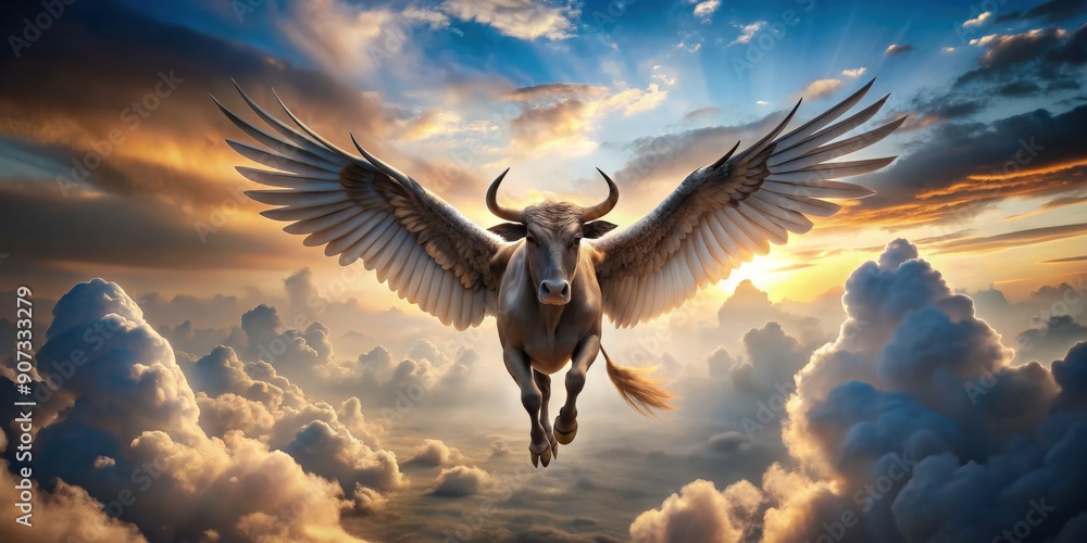 Magical bull with wings soaring into the sky , flying, mystical, bull ...