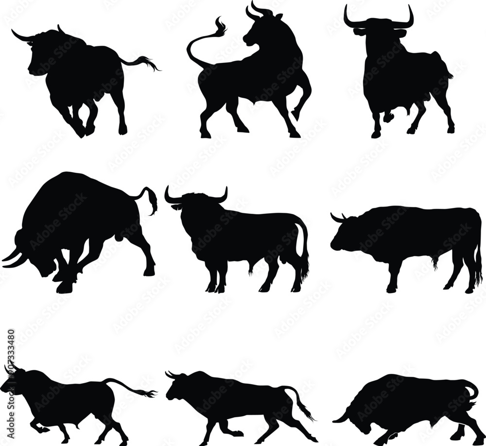 Silhouettes of different bull poses. bull vector illustration. Bull set ...