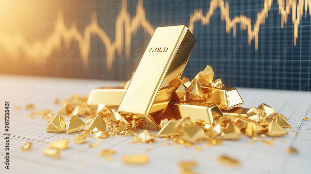 Shattered gold bar fragments on a graph, depicting a market crash, gold ...