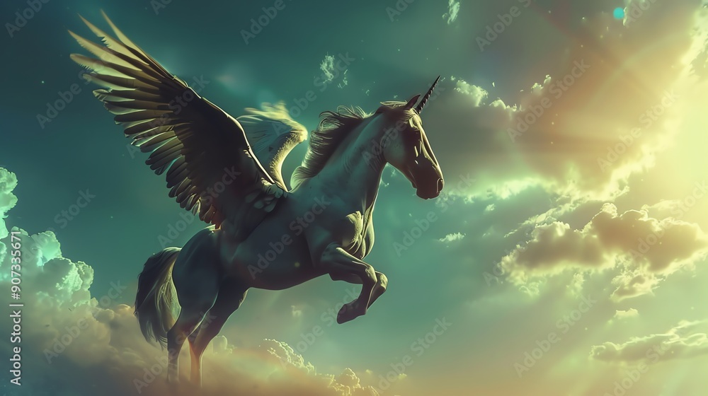 Majestic Pegasus flying in the sky, capturing Greek mythology, heroic ...