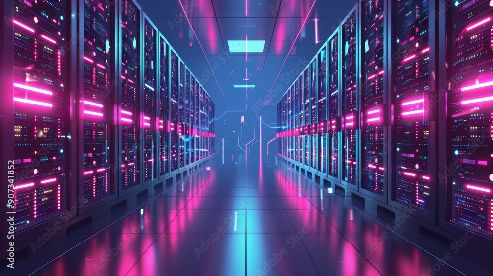 Cartoon vector data center with rows of servers connected to the cloud ...