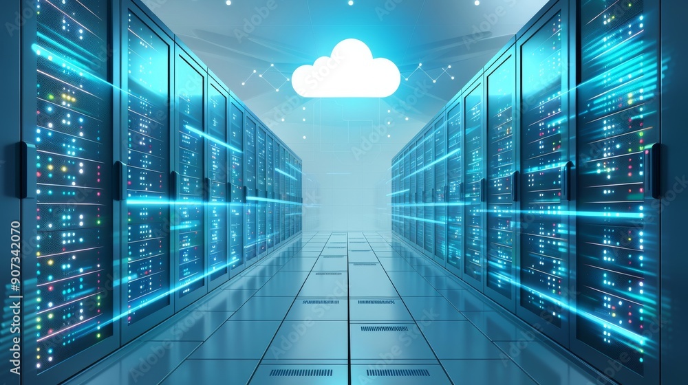 Cartoon vector data center with rows of servers connected to the cloud ...