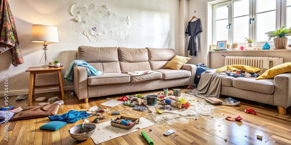 Messy living room interior with dirty sofa and chaos on the floor ...