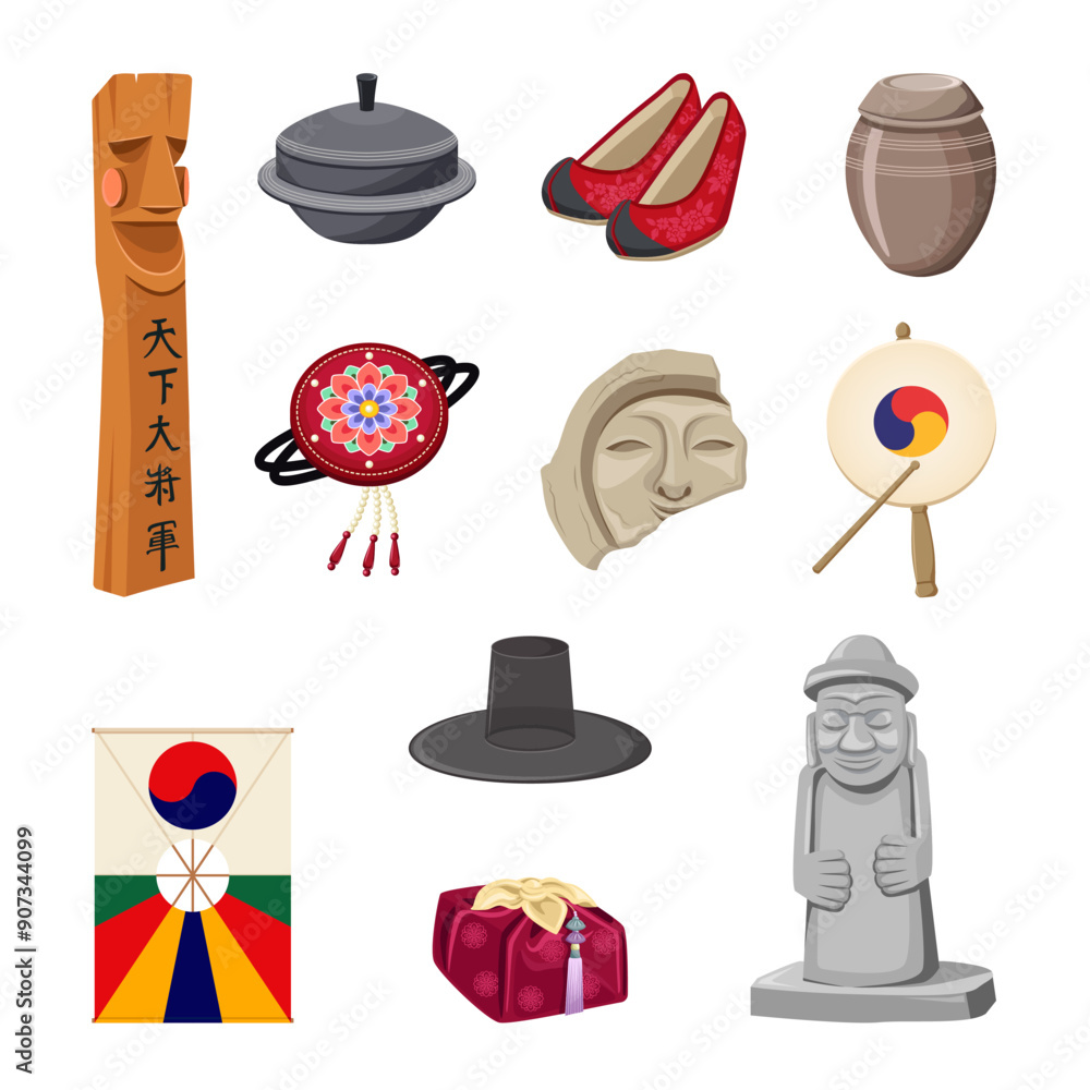 Traditional Korean icon set. Jangseung, gamasot, hwahye, onggi, hair ...