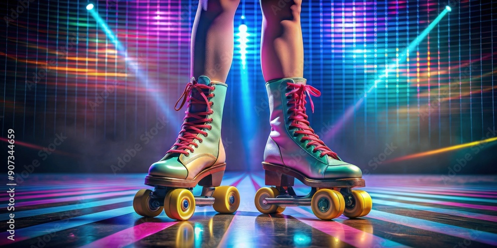 Unrecognizable legs in retro roller skates with a disco 80s aesthetic ...