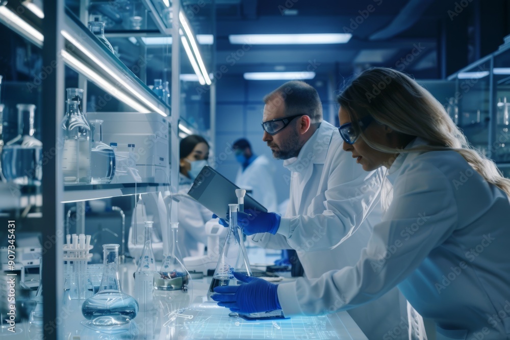 Team of diverse scientists, both male and female, collaborating on ...