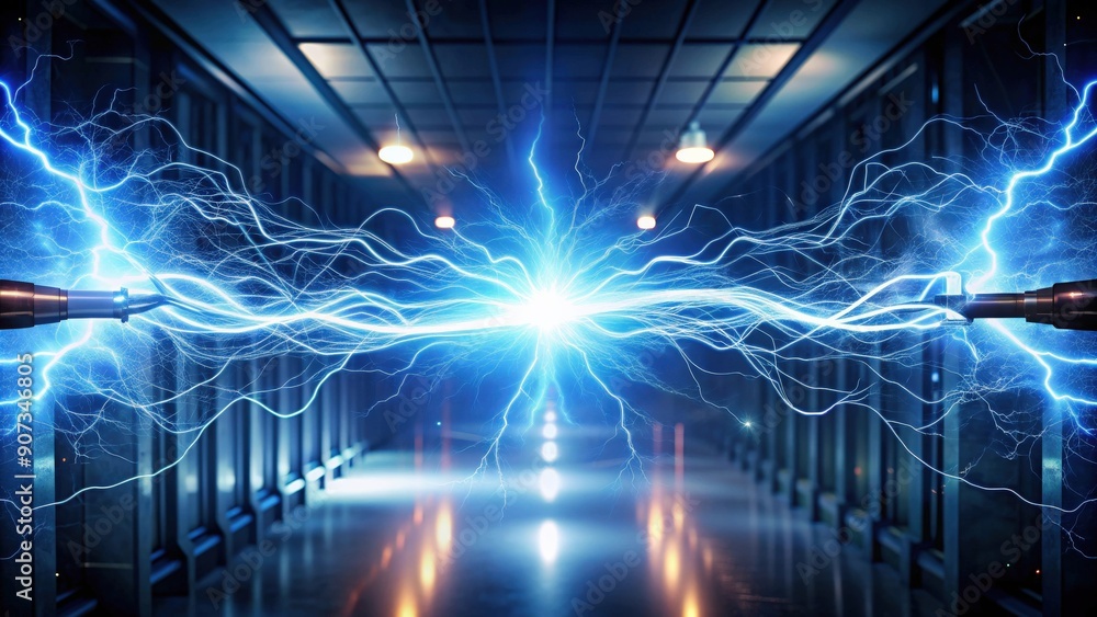 Sparks of electricity jumping between two wires in a futuristic setting ...