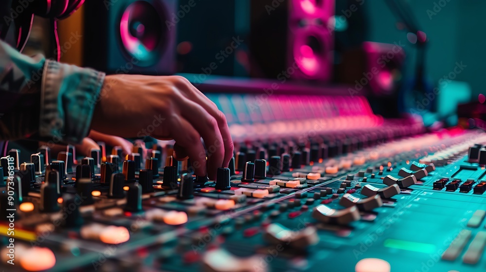 Sound Engineer's hand adjusting knobs on a large mixing console in a ...