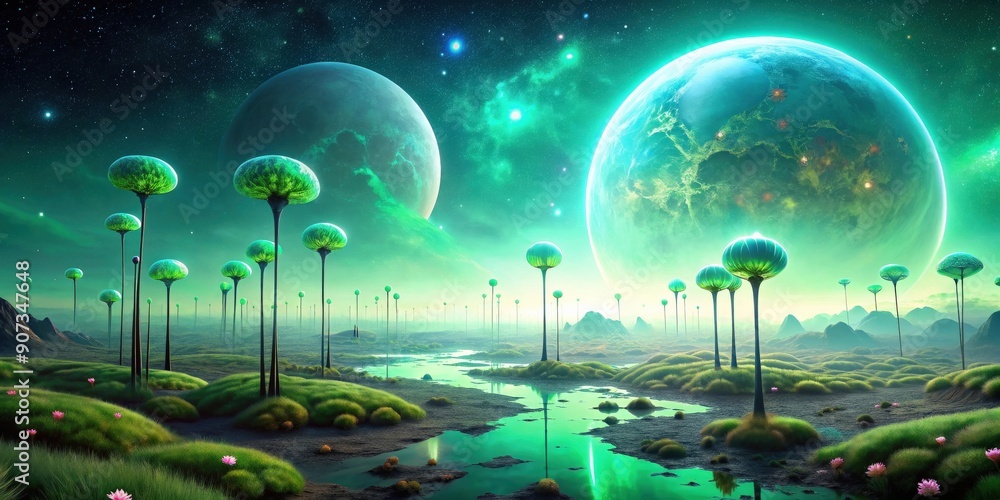 Otherworldly alien landscape with bioluminescent plants and multiple ...