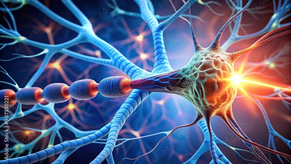 Motor neuron connecting to a muscle fiber, , neuron, motor, muscle ...