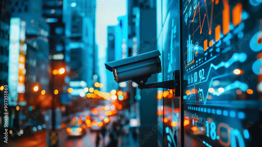 Modern CCTV camera on a wall. A blurred background with an abstract ...