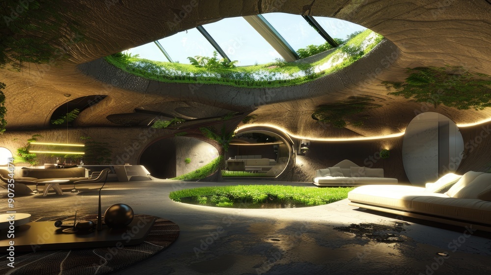 A futuristic underground home with a green roof, skylights providing ...