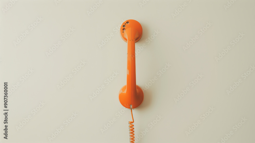 An orange telephone hanging on the wall, with its cord extending ...