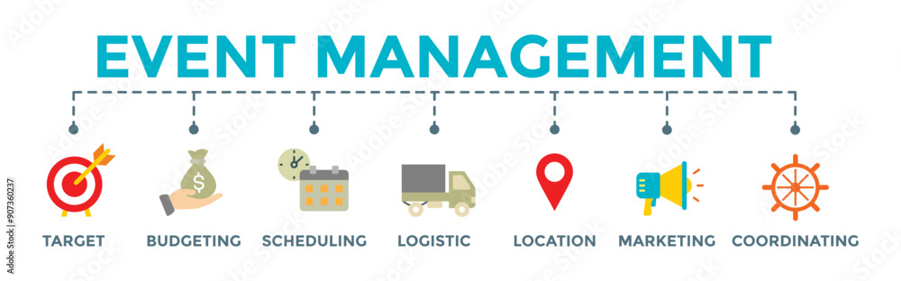 Event management banner web concept illustration with target, budgeting ...