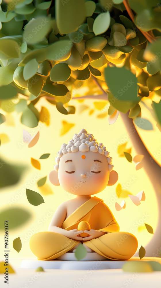 Cute cartoon Buddha meditating under a tree with falling petals and ...
