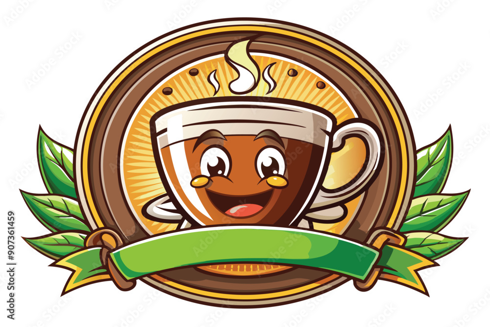 Cartoon Coffee Cup with Smiling Face in Circular Frame with Leaves ...