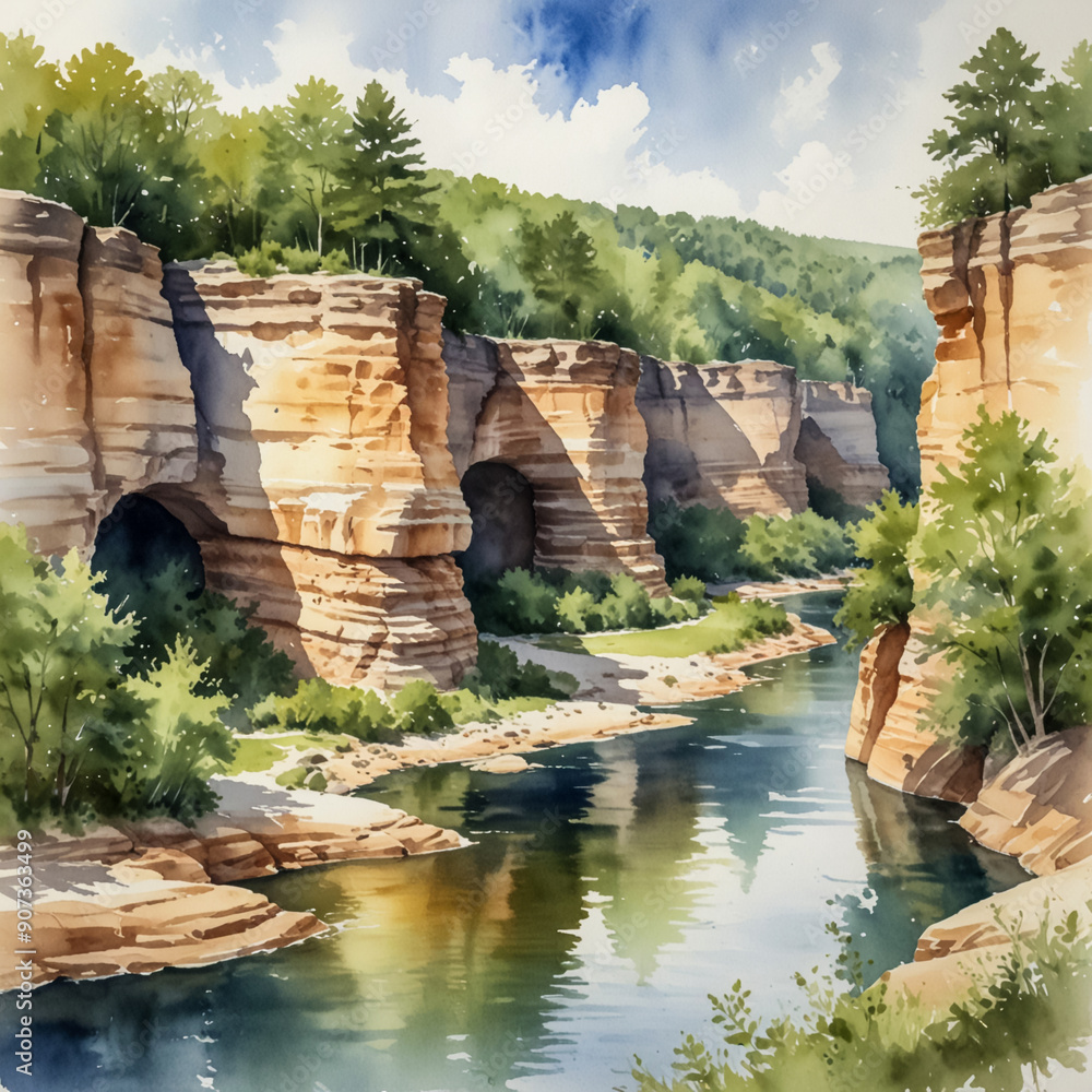 Watercolor illustration of the Wisconsin Dells, known for its dramatic ...