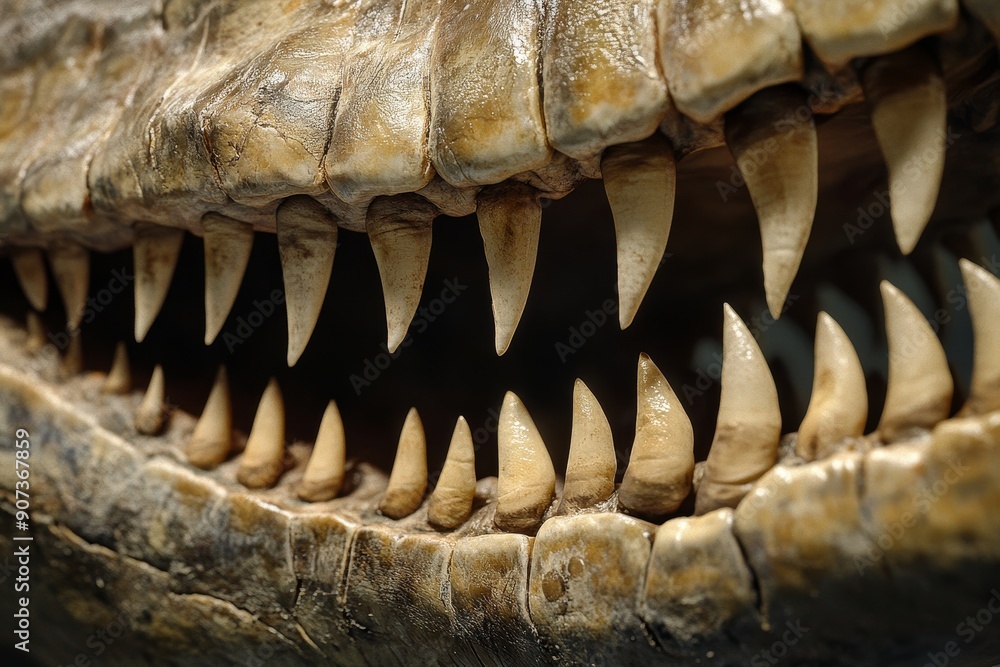 Detailed view of a Mosasaurus's jaw and teeth, emphasizing the aquatic ...