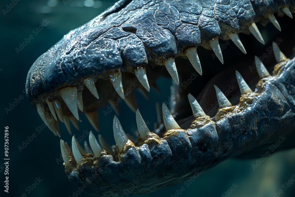Detailed view of a Mosasaurus's jaw and teeth, emphasizing the aquatic ...