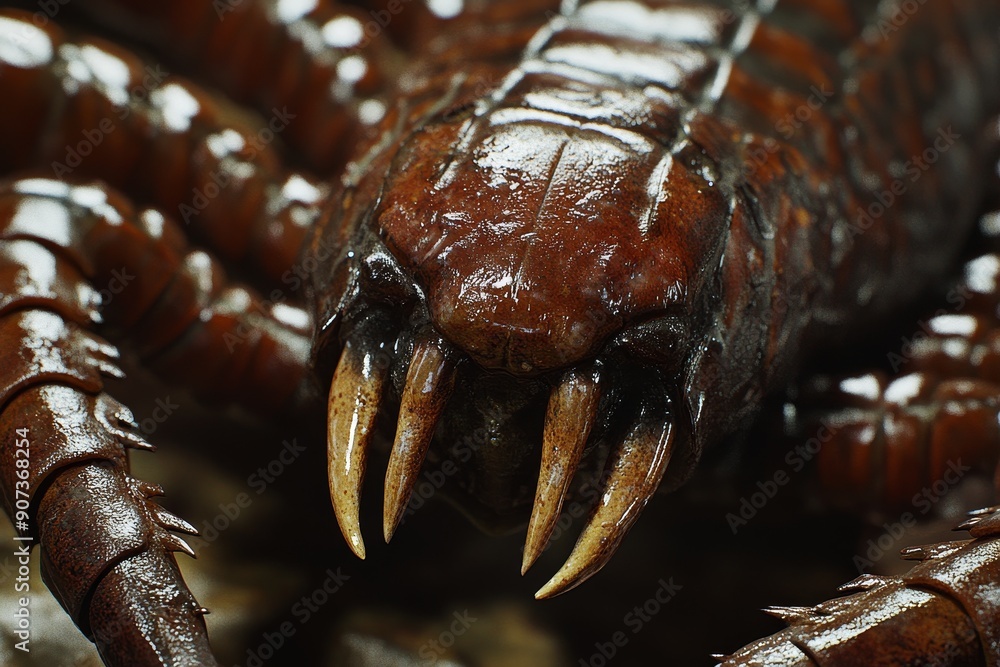Close-up of a prehistoric centipede, capturing its menacing mandibles ...