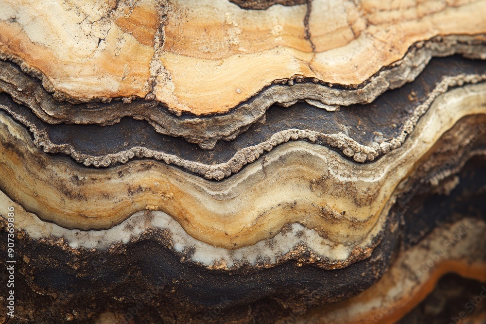 Macro shot of prehistoric riverbed sediments, detailing the layers and ...