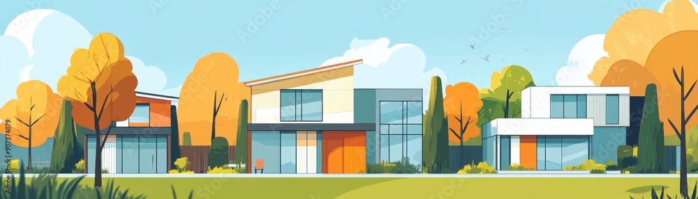 Passive design strategies with sun shading, flat design, side view ...