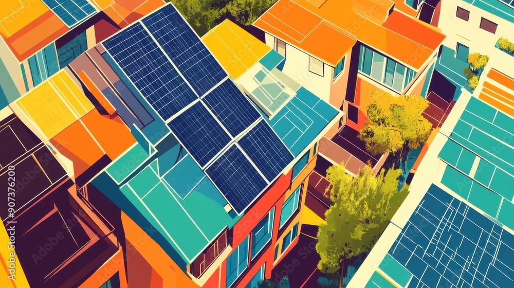 Solar power integration in residential architecture, flat design, top ...