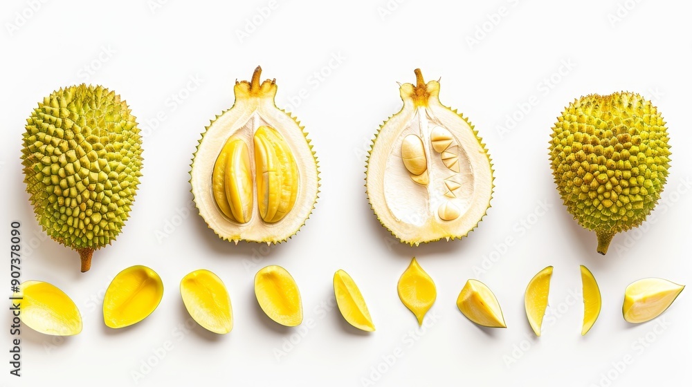 Various stages of a jackfruit's life cycle, from whole to halved to ...