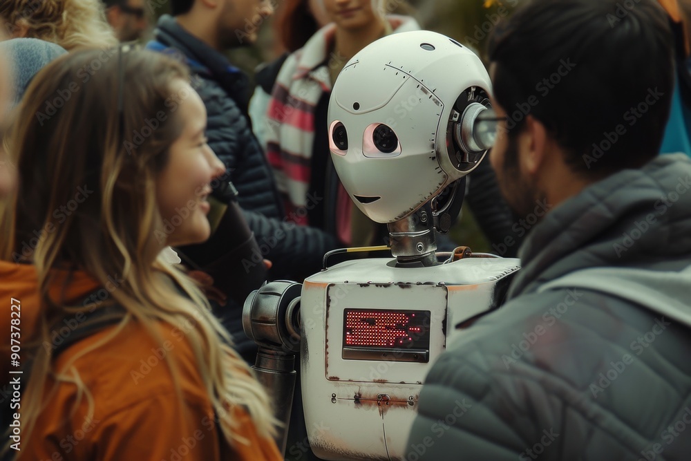 People sitting in a circle around a robot, engaging with the futuristic ...