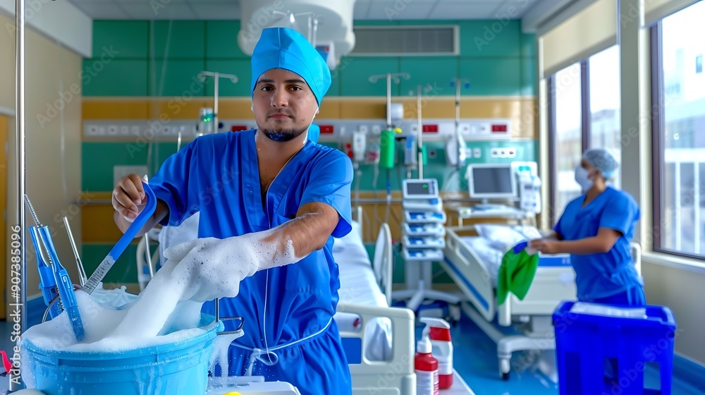 Male janitor in blue uniform, holding suds bucket, cleaning tools ...