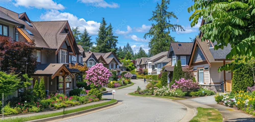 Picturesque suburban street in summer with luxury homes, each featuring ...
