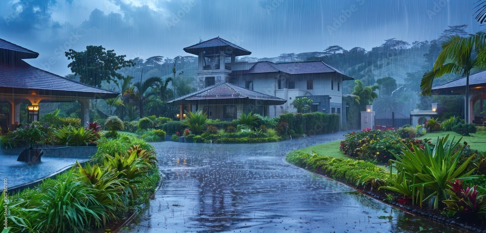 Rain falls on luxury suburban homes, the houses' architecture standing ...