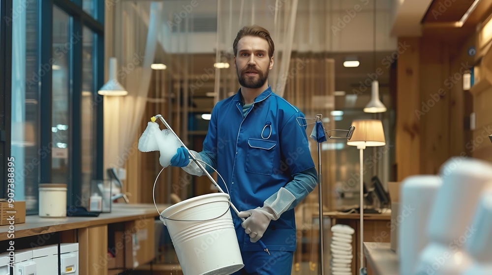 Male janitor in blue uniform, holding suds bucket, cleaning tools ...